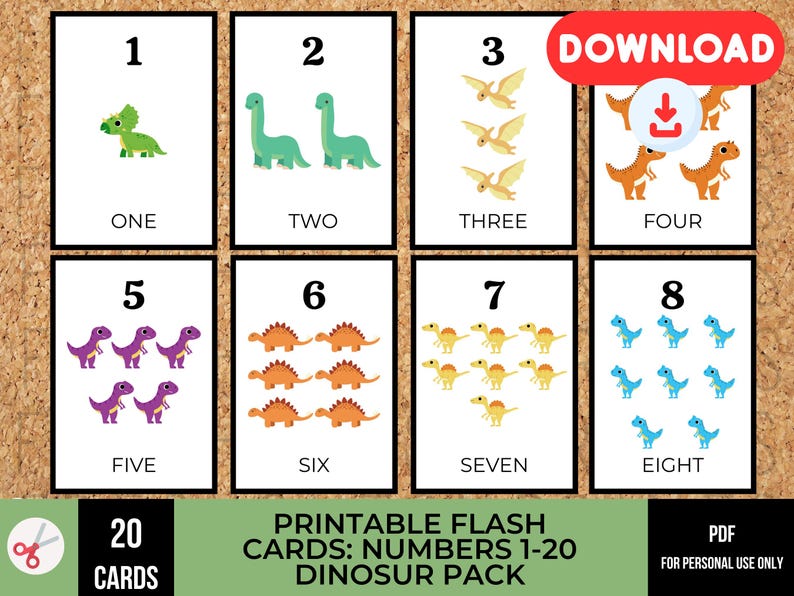 Printable Dinosaur Number Flash Cards 1–20 | Counting Cards for ...