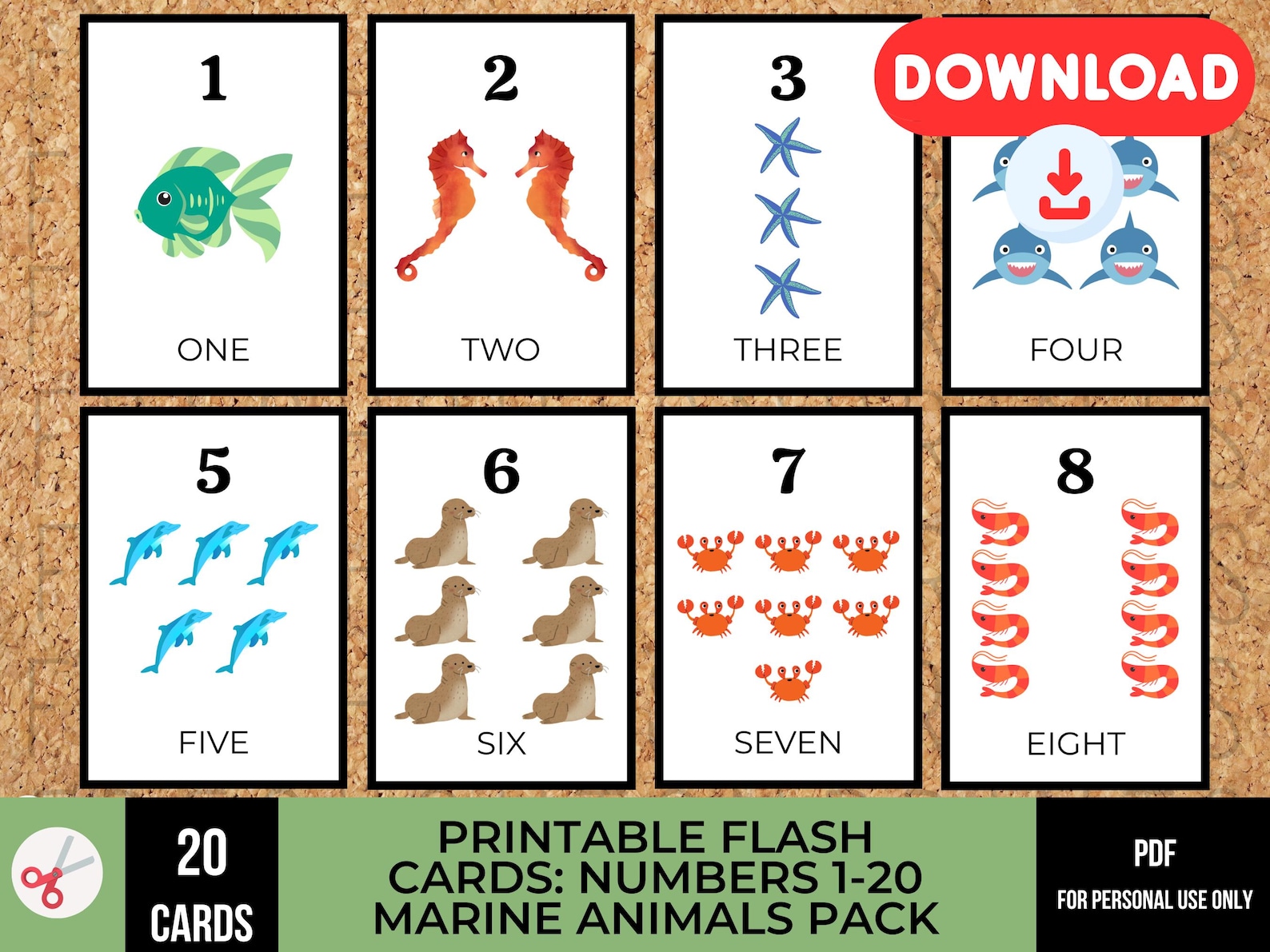 Printable Marine Animal Number Flash Cards 1–20 | Ocean Counting Cards ...