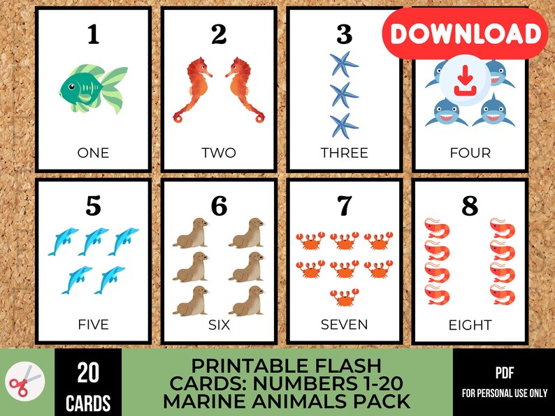 Printable Marine Animal Number Flash Cards 1–20 | Ocean Counting Cards ...