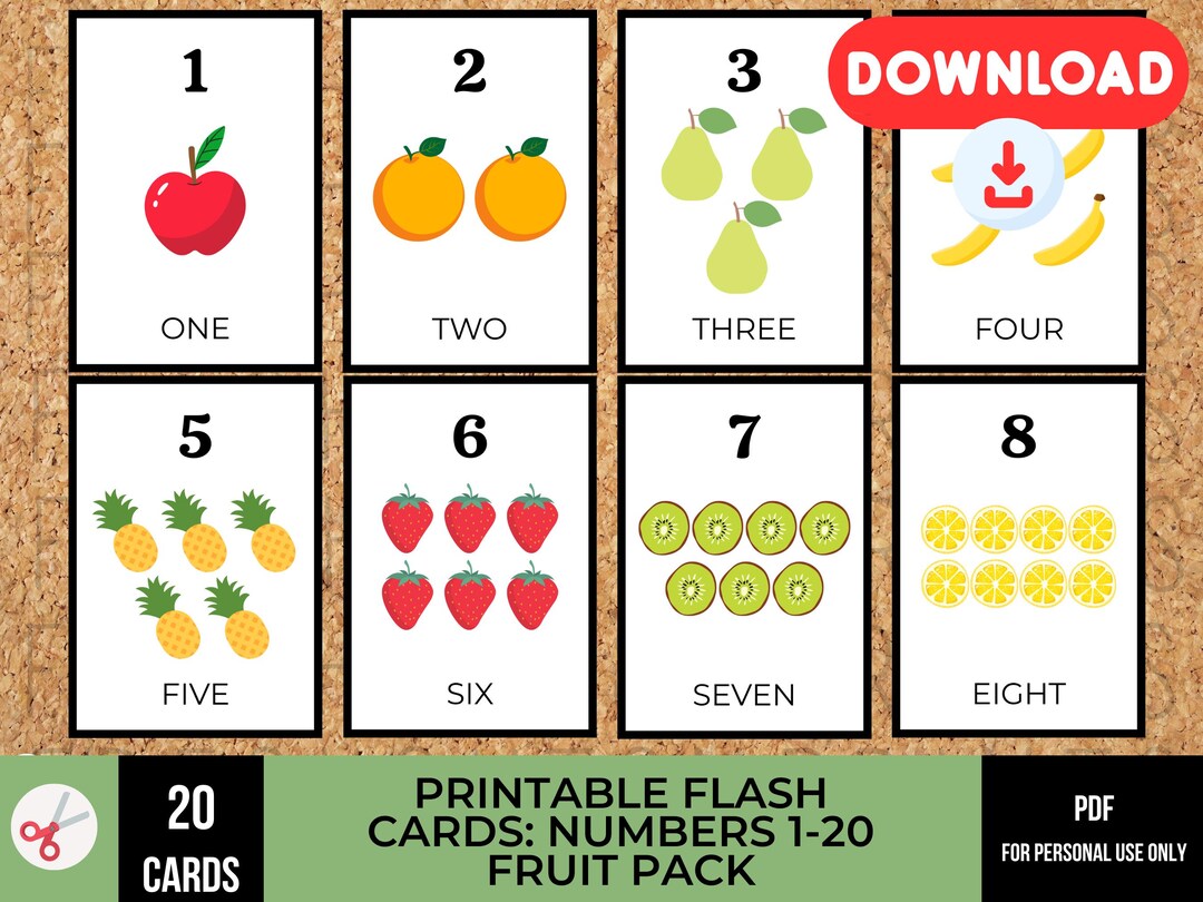 Printable Fruit Number Flash Cards 1–20 | Counting Cards for Toddlers ...