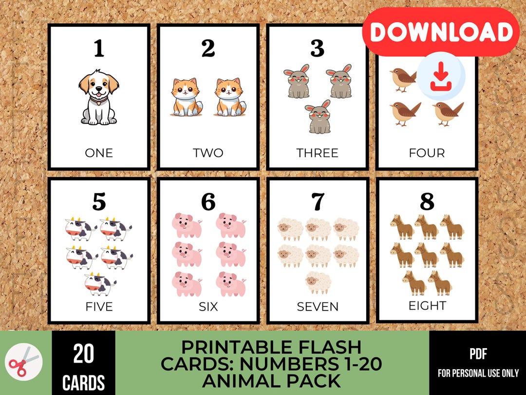 Tarjetas imprimibles de animales del 1 al 20, tarjetas de conteo para ...