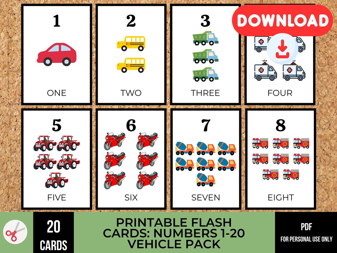 Printable Vehicle Number Flash Cards 1–20 | Counting Cards for Toddlers ...