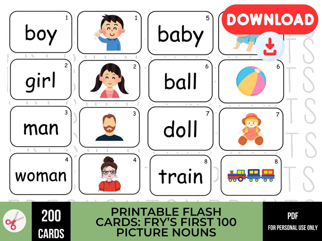 Preschool Printable Flashcards - Fry's 100 Picture Nouns, Sight Words ...