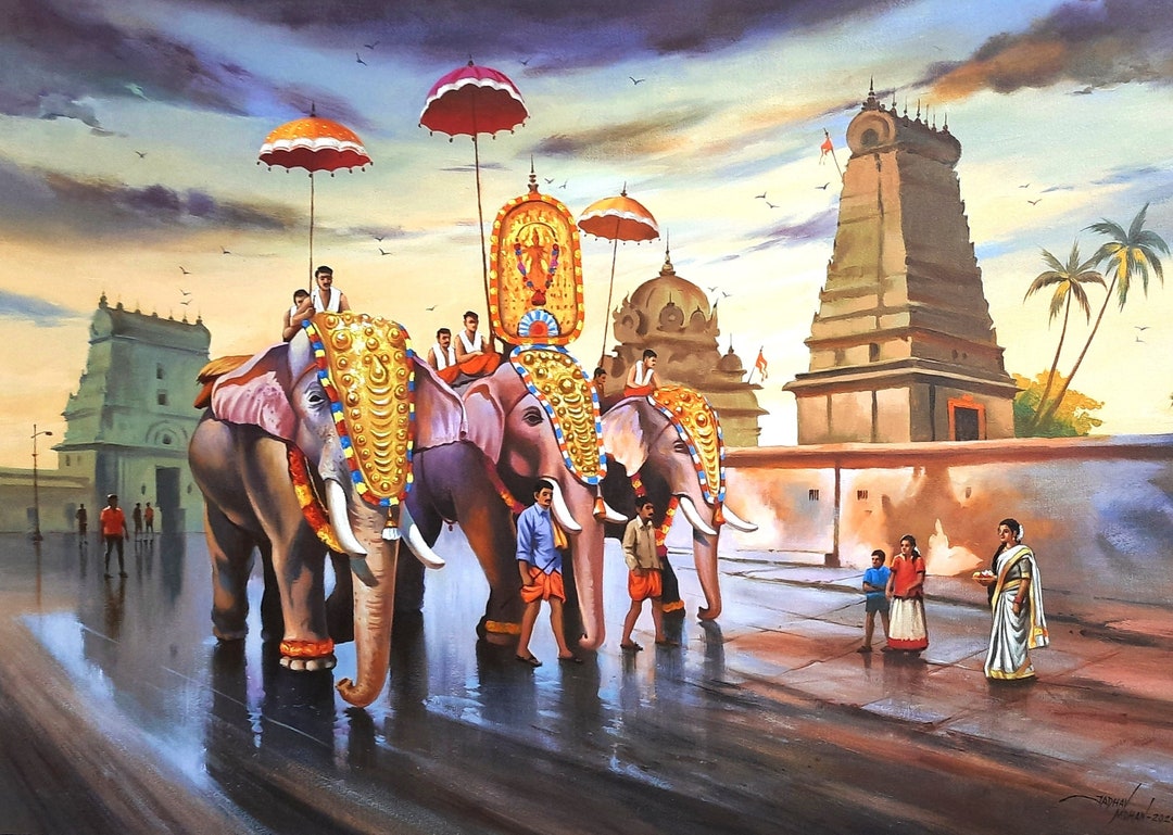 South Indian Temple Painting Original Handmade Painting Elephant Wall ...