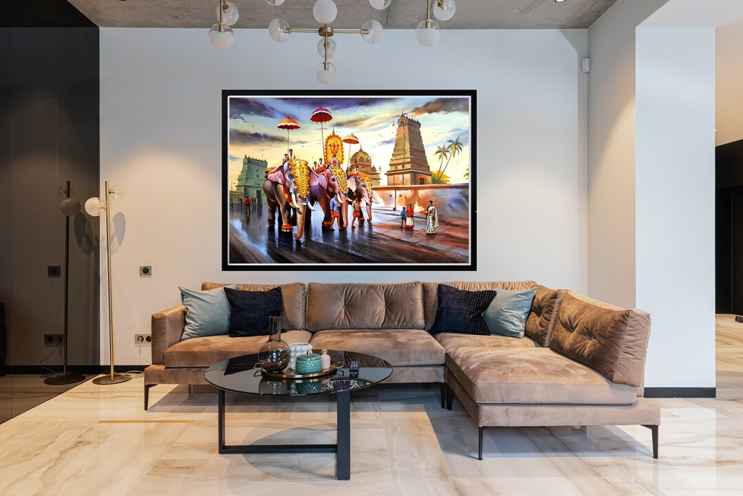 Kerala Elephant Onam Festival Canvas Painting, South Indian Temple Art ...
