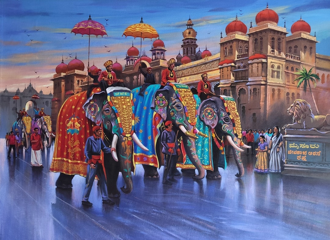 Original Canvas Painting Mysore Dasara Festival South Indian Wall Art ...