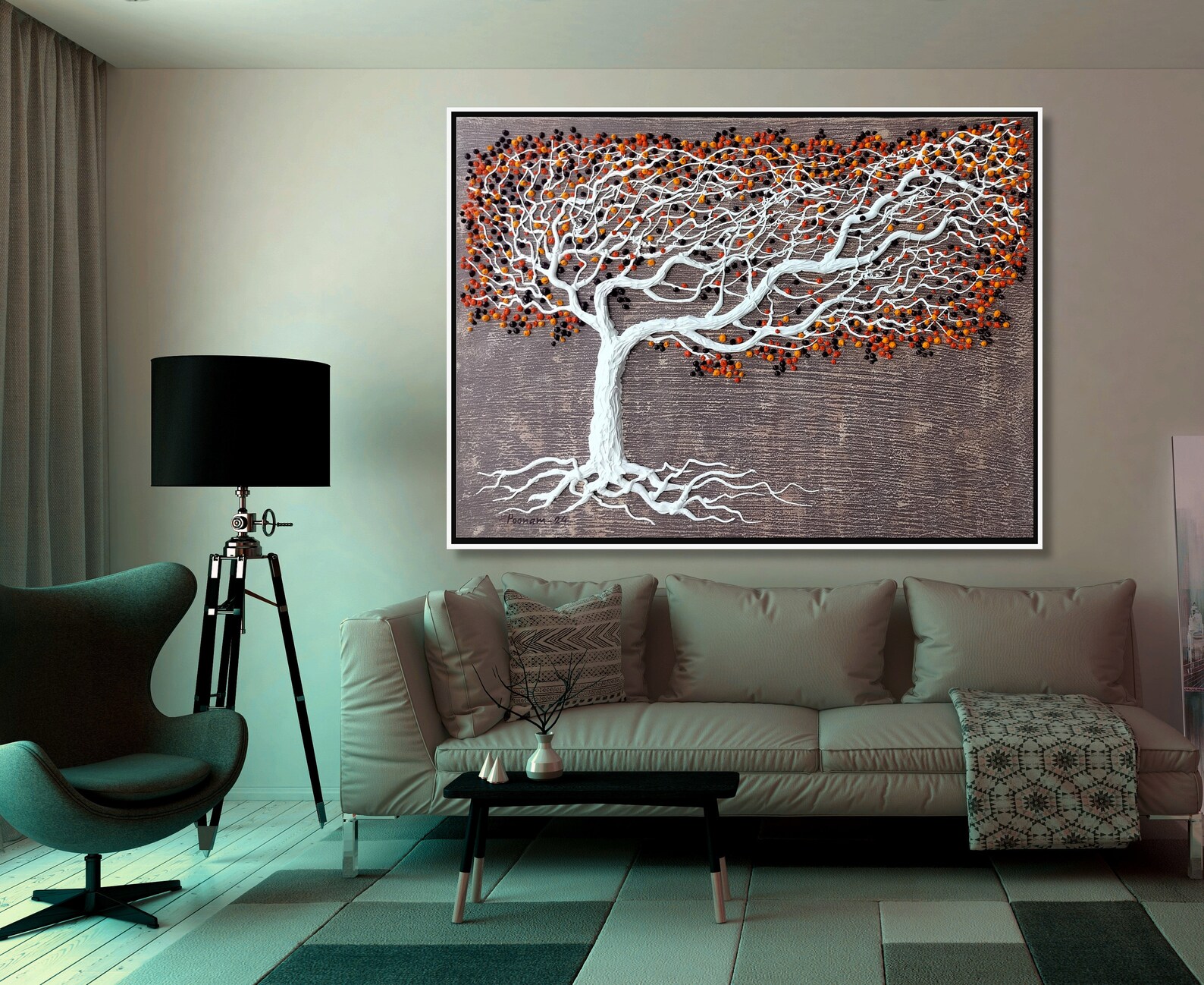 Large Tree Abstract Painting Texture Landscape Autumn Blossom White ...