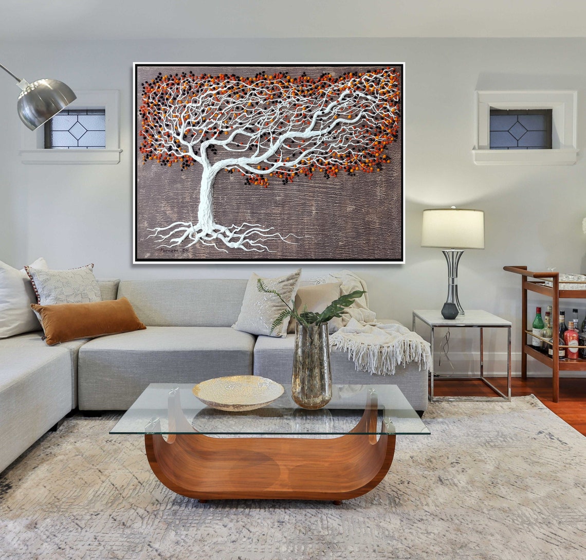 Large Tree Abstract Painting Texture Landscape Autumn Blossom White ...
