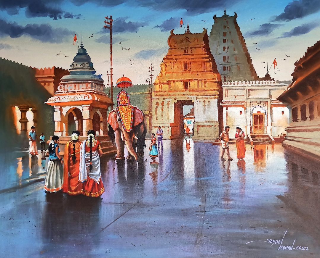 Original Canvas Painting of South Indian Temple Handmade Customise Gift ...