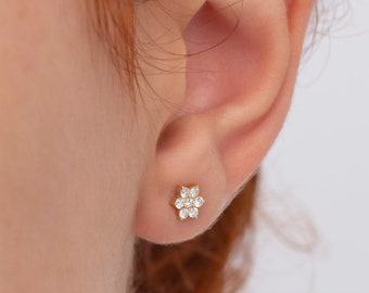 14K Gold Diamond Flower Earring Gold Flower Stud Earrings Gold Diamond Flower Woman Earring Gold Earrings Gift for Her Valentines Day