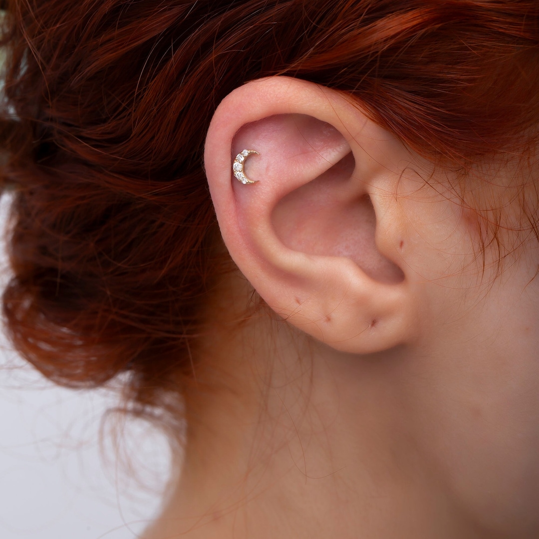 14K Gold Diamond Moon Piercing/ Gold Moon Clicker Single Earring ...