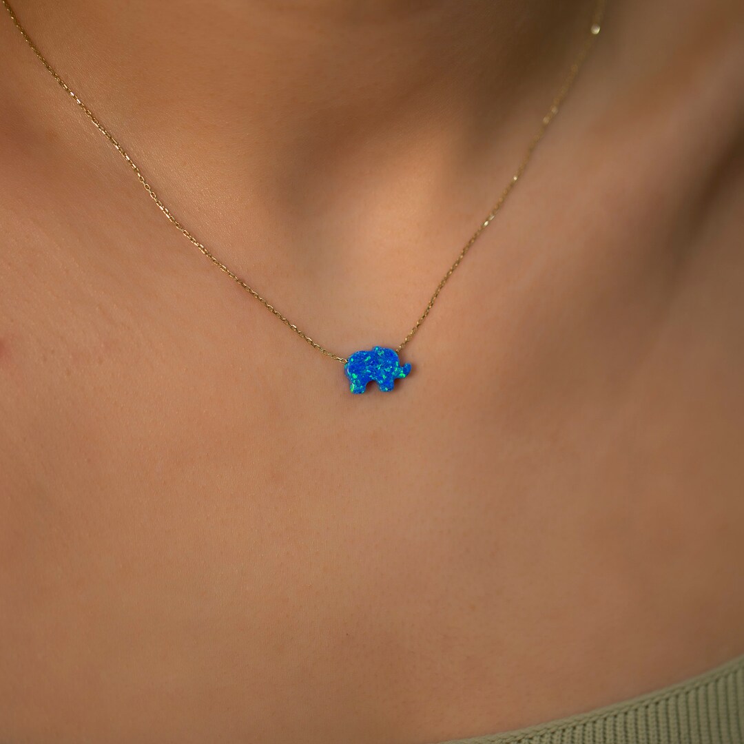14K Gold Chain Synthetic Blue Opal Elephant Necklace / Opal Elephant ...