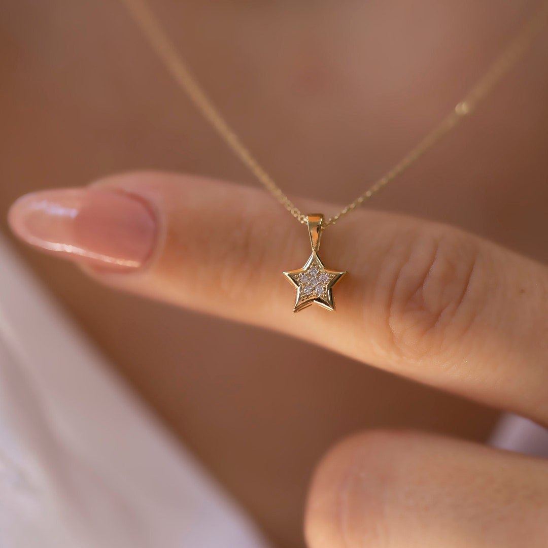 14K Solid Gold Diamond Star Woman Necklaces/ Tiny Gold Star Necklace ...