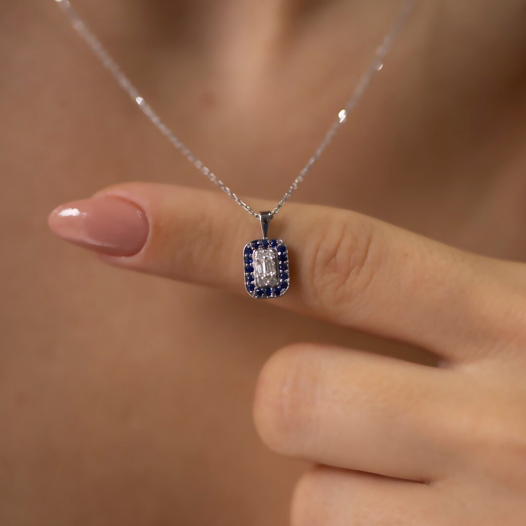 14K Gold Baguet Diamond Colored Stone Necklace for Woman/ Dainty Gold ...