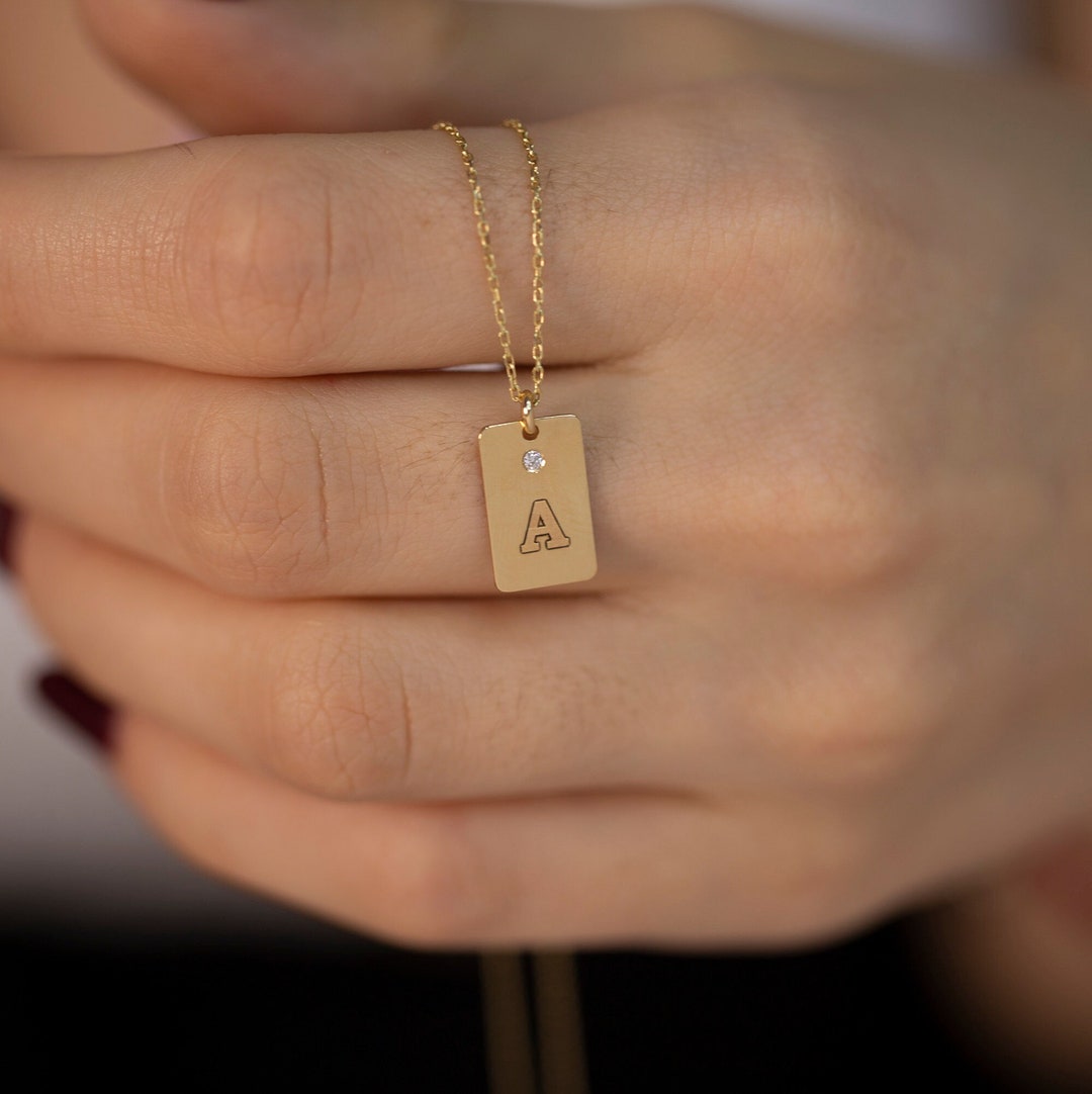 14K Solid Gold Diamond Initial Disc Necklace: Personalized Letter ...
