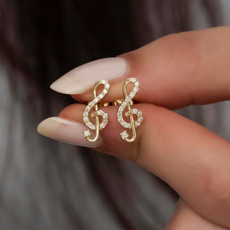 14K Gold Diamond Treble Clef Earring/ Gold Treble Clef Studs/ | Etsy