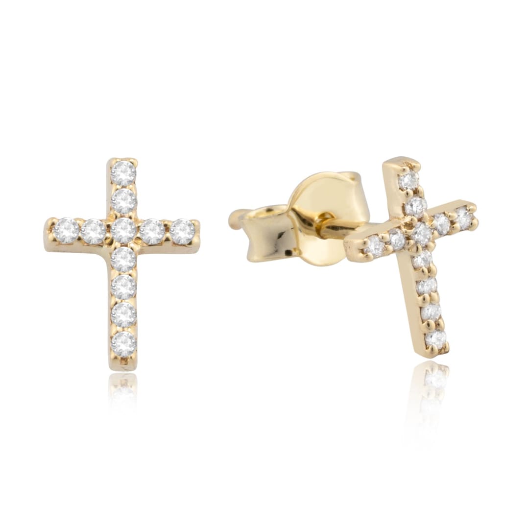 14K Gold Diamond Cross Stud Earrings: Religious Jewelry Gift - Etsy