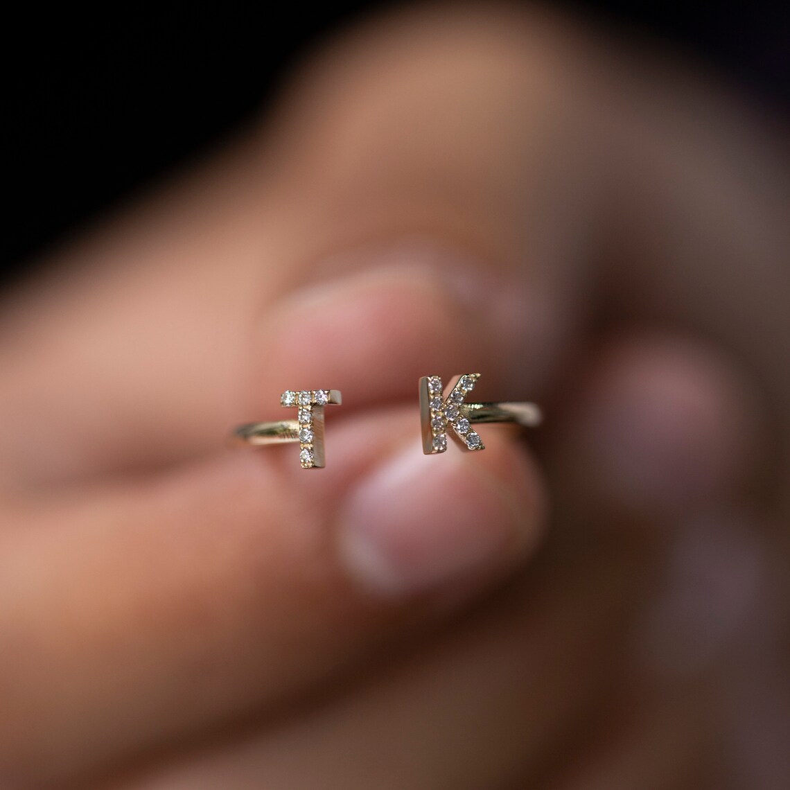 14K Gold Diamond Personalized Initial Cuff Ring / Gold Diamond - Etsy