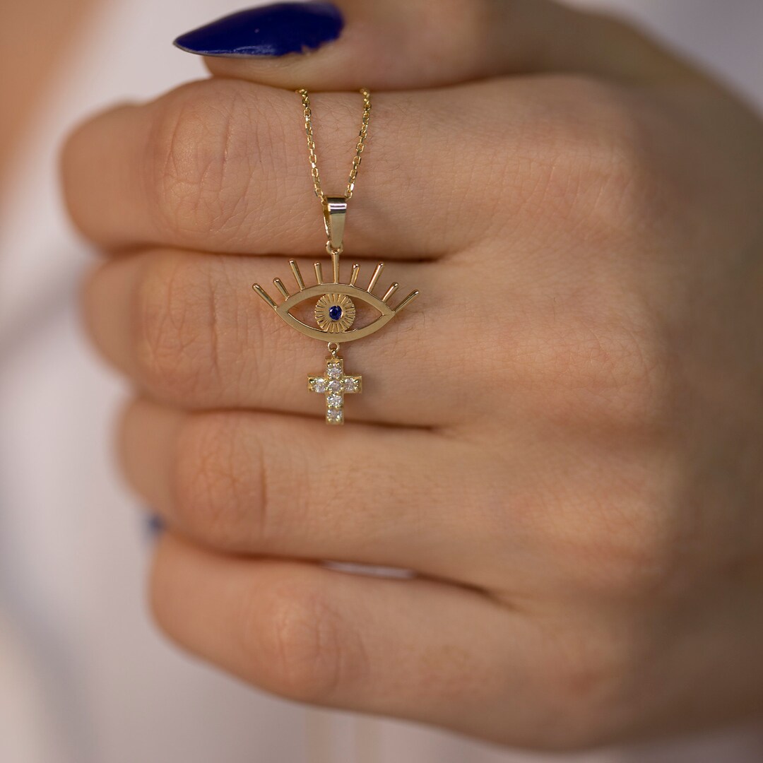 14K Gold Diamond Evil Eye Necklace / Unique Gold Evil Eye With - Etsy