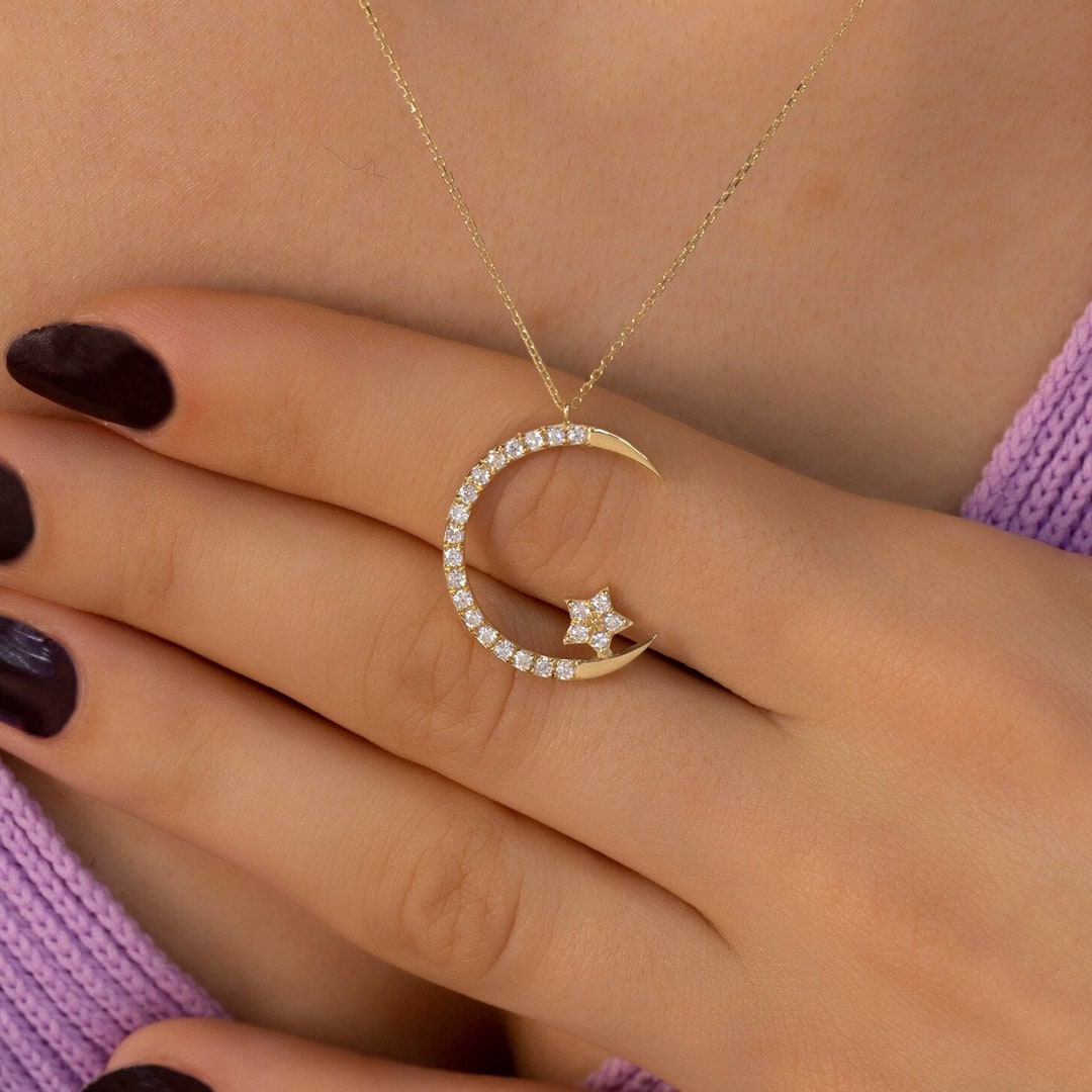 14K Gold Diamond Crescent Moon Star Necklace: Handmade Celestial ...