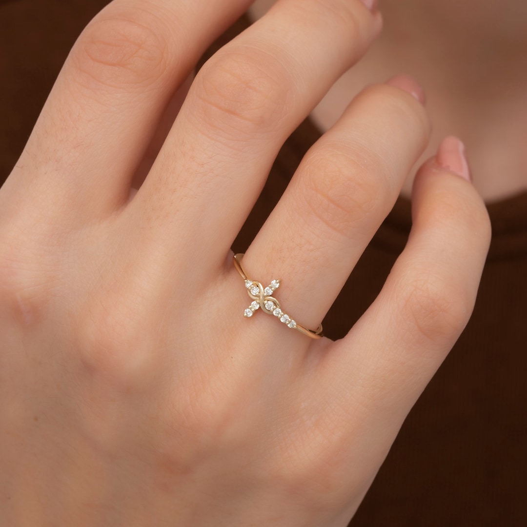14K Gold Diamond Infinity Cross Ring for Woman/ Gold Diamond Cross ...