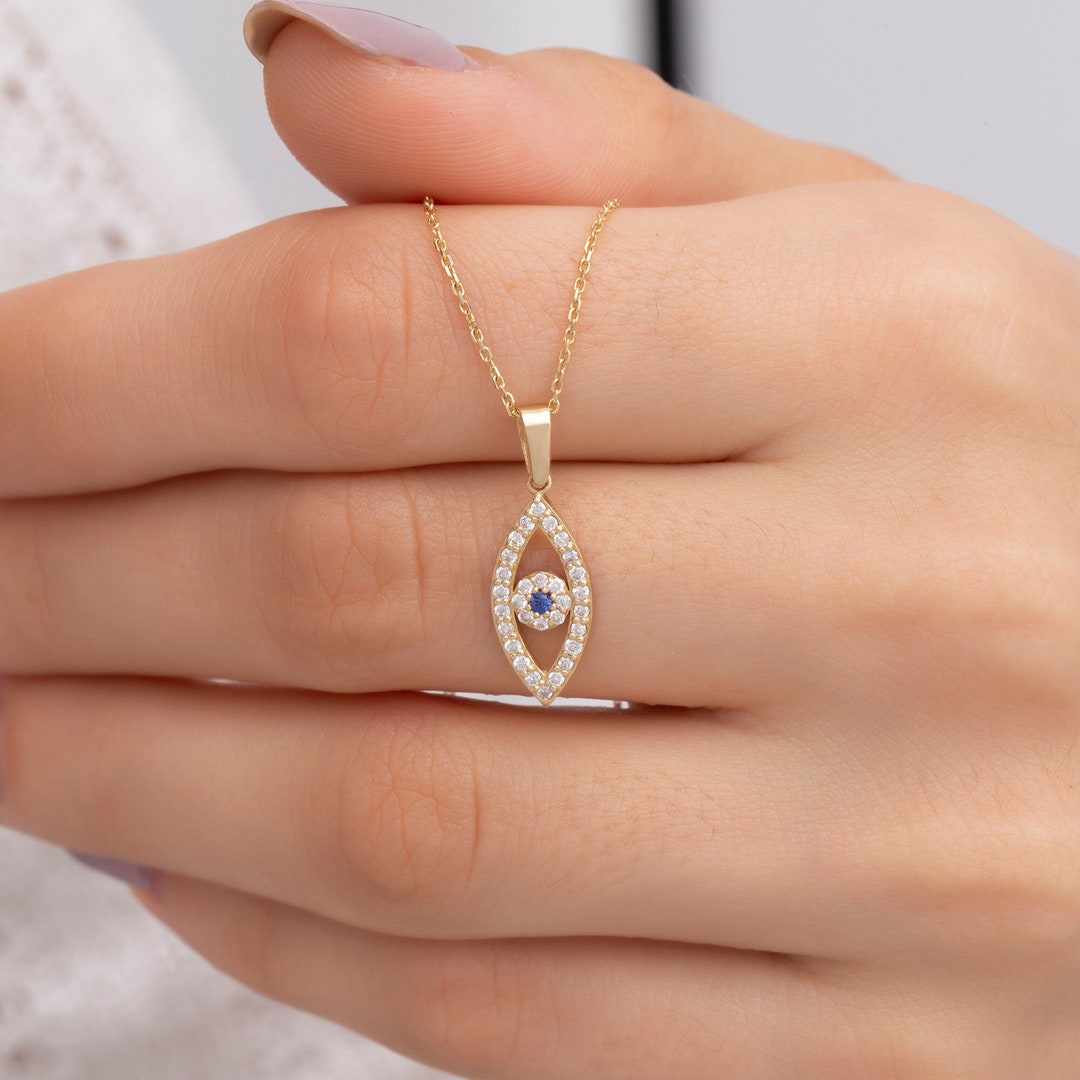 14K Gold Diamond Evil Eye for Women Necklace/ Gold Vertical Eye Pendant ...