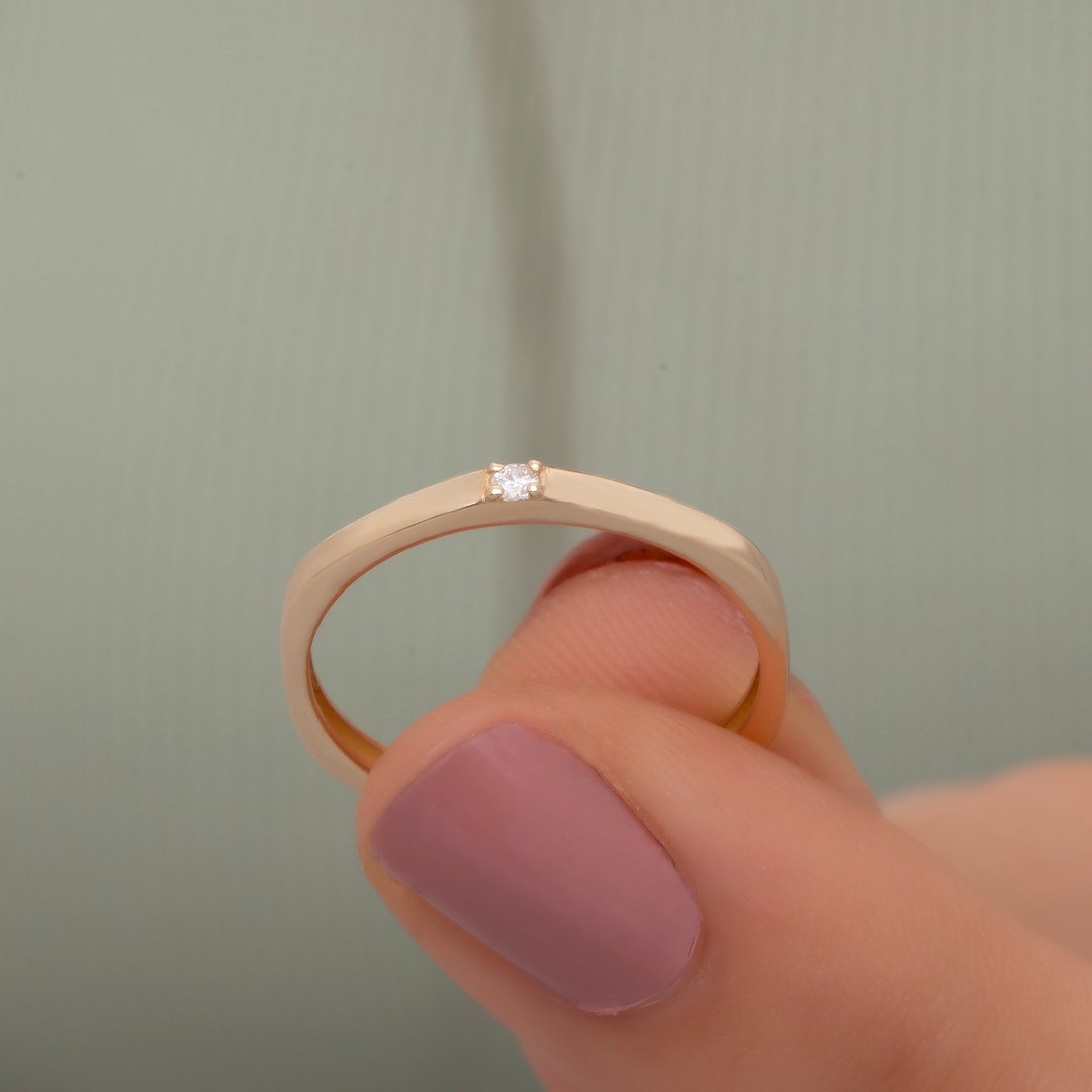 14K Gold Square Band Diamond Ring/ Minimalist Dainty Gold Ring for ...
