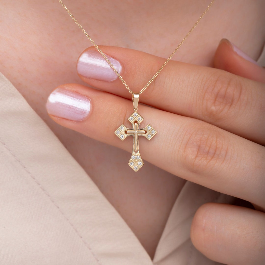 14K Solid Gold Diamond Cross Necklace/ Baptism Gift/ Religious Cross ...