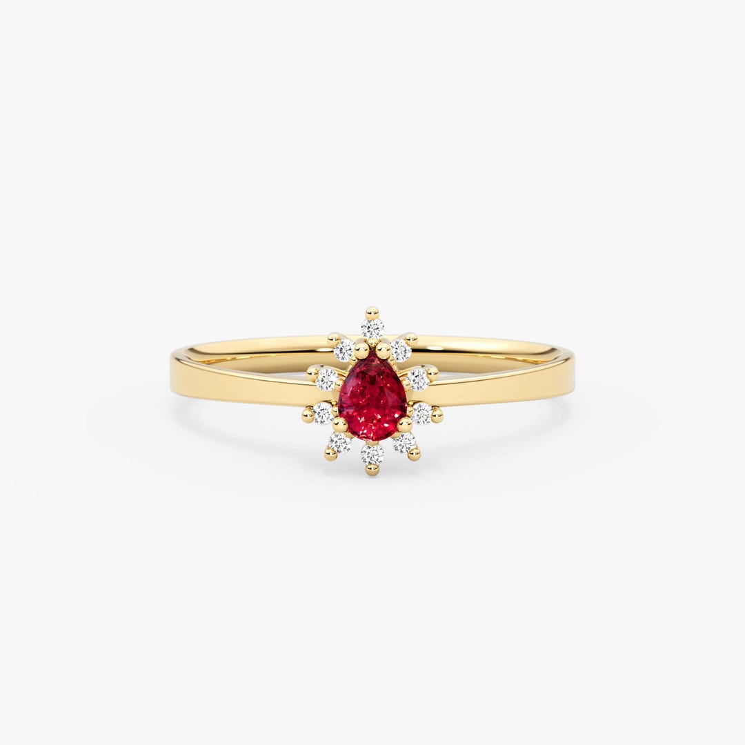 14K Gold Pear Drop Ruby Ring With Diamond Halo - Vintage Style - Etsy UK