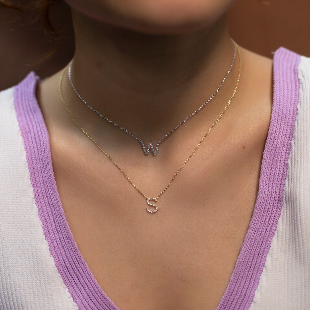 14K Gold Diamond Initial Necklace / Custom Gold Diamond Letter ...