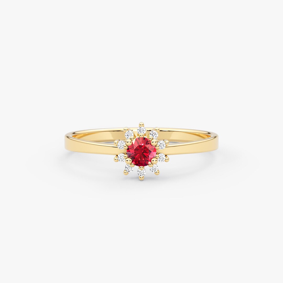 Dainty 14K Solid Gold Round Ruby Ring With Pave Diamond Flower - Etsy
