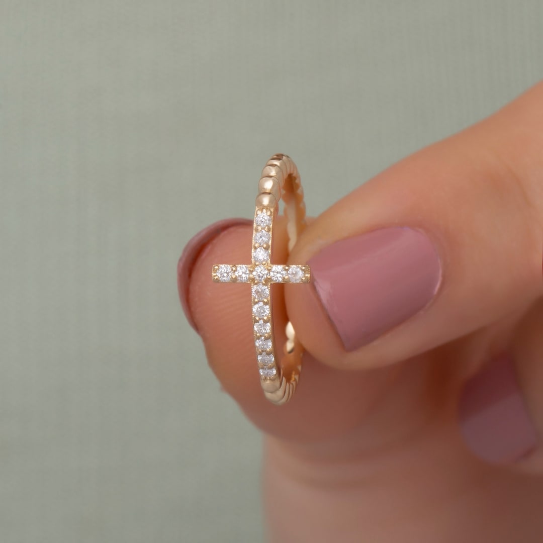 14K Solid Gold Diamond Cross Ring for Women/gold Diamond Cross Minimalist Rings Gift for Her ...