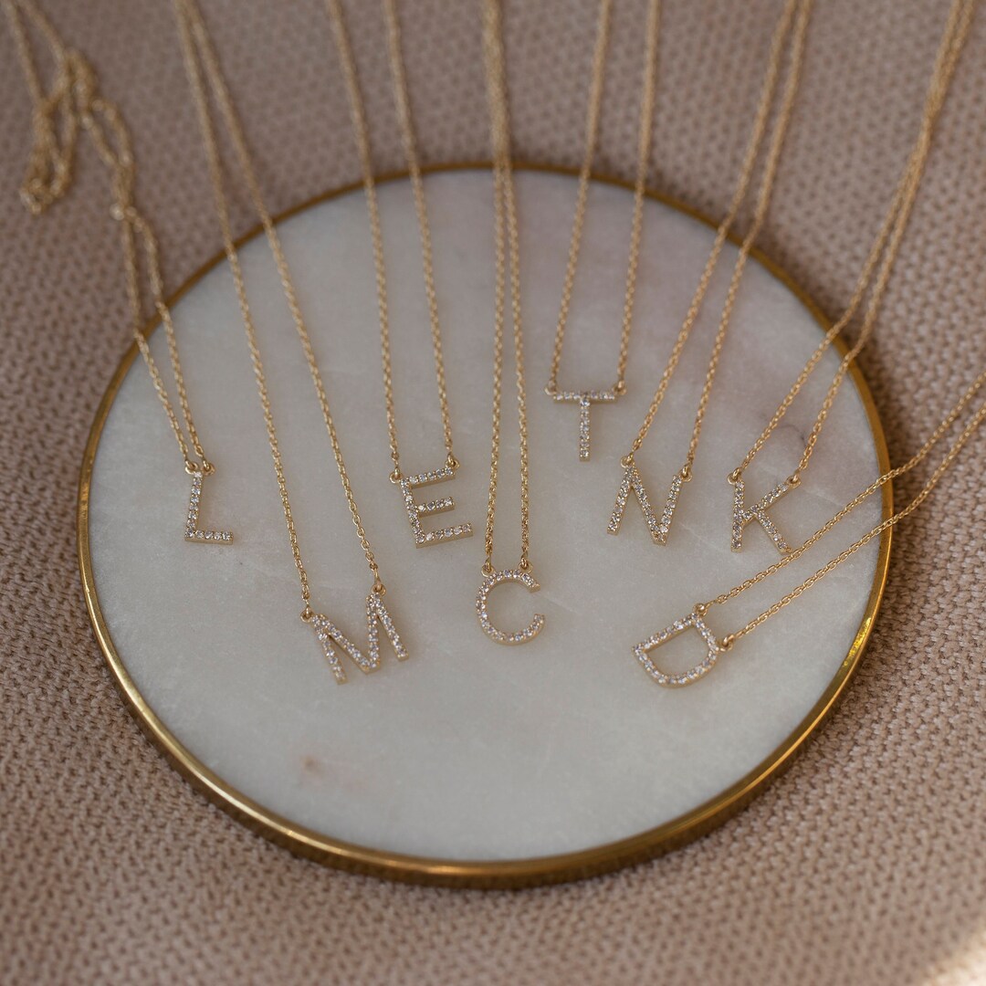 14K Gold Diamond Initial Necklace / Custom Gold Diamond Letter - Etsy