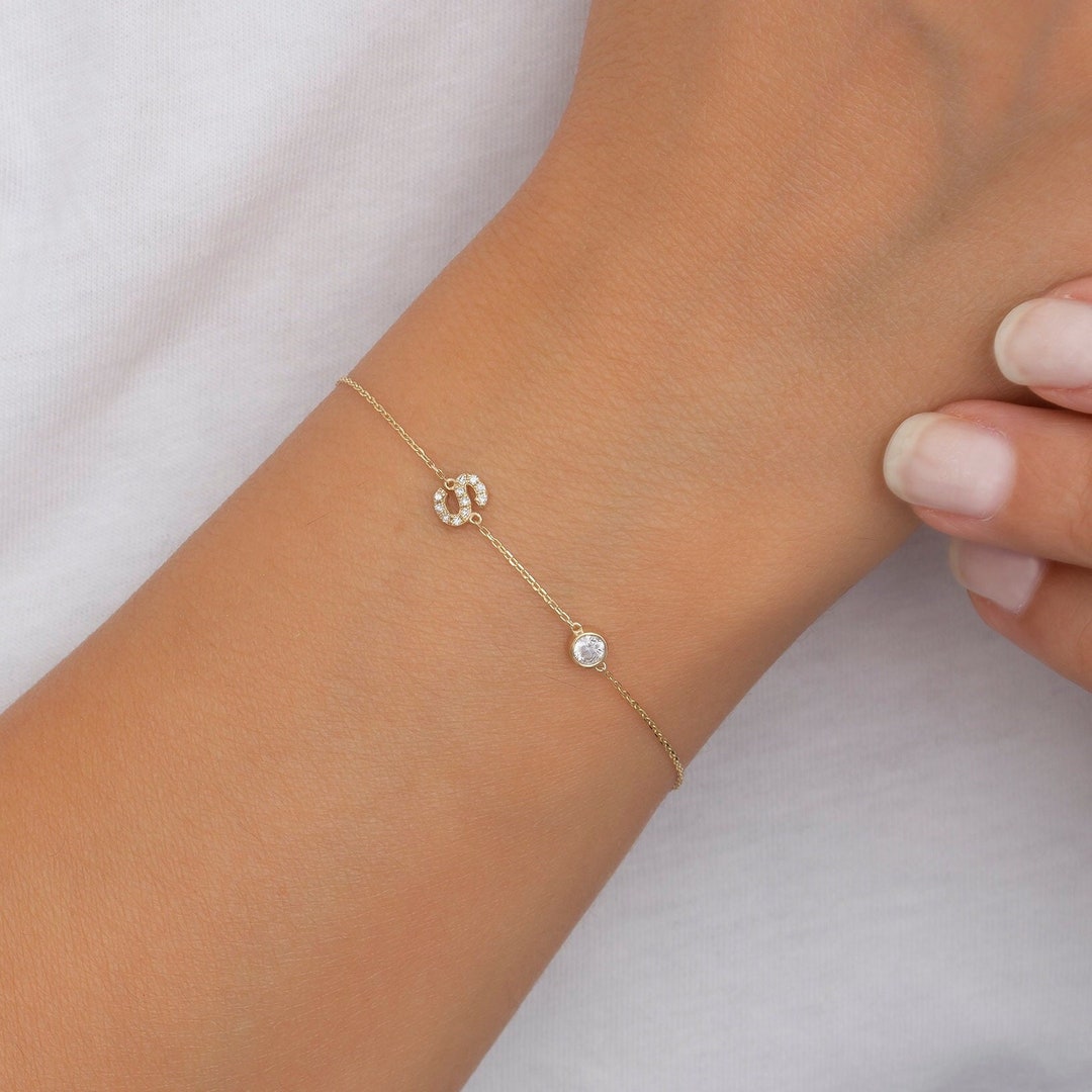 14K Solid Gold Diamond Initial for Women Bracelet/ Dainty Custom Gold Diamond Initial Bracelet ...