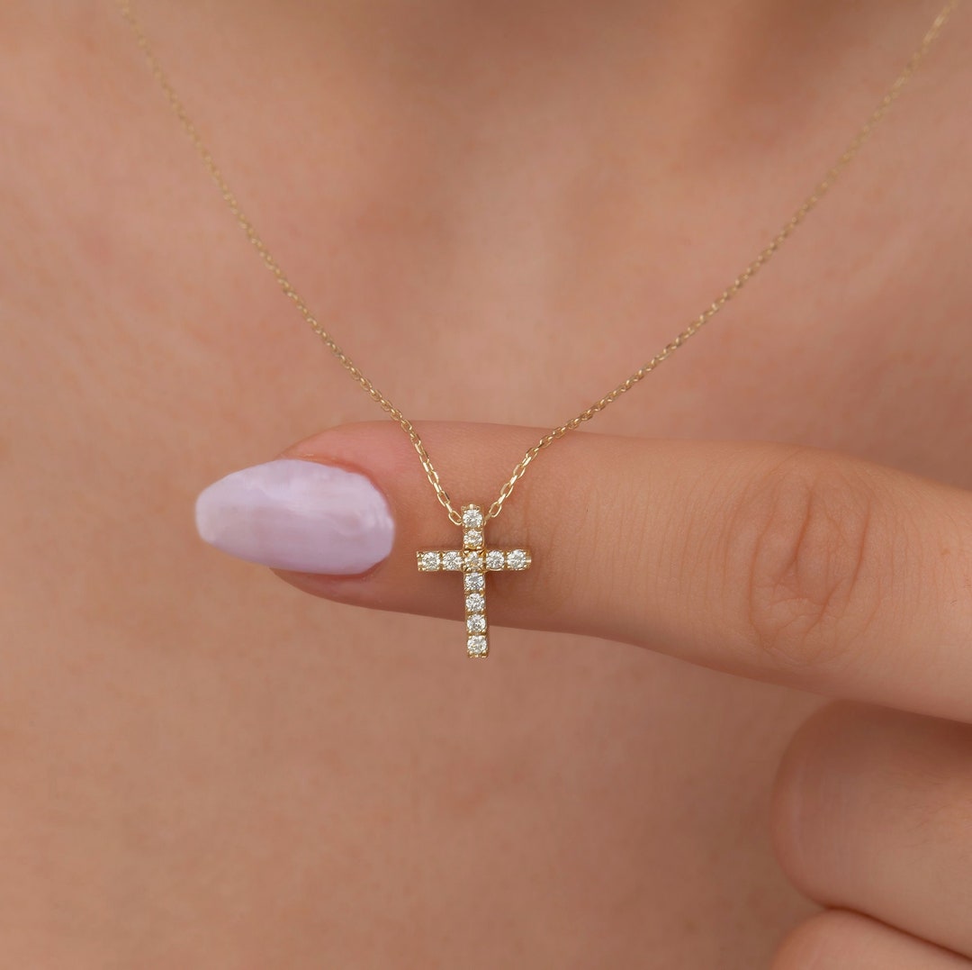 14K Solid Gold Diamond Cross Necklace: Religious Baptism Gift - Etsy