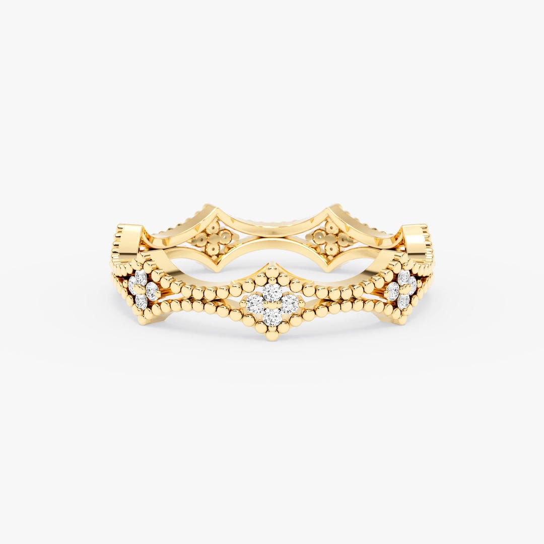 14K Solid Gold Diamond Flower Ring - Stacking Band - Marencia - Etsy UK