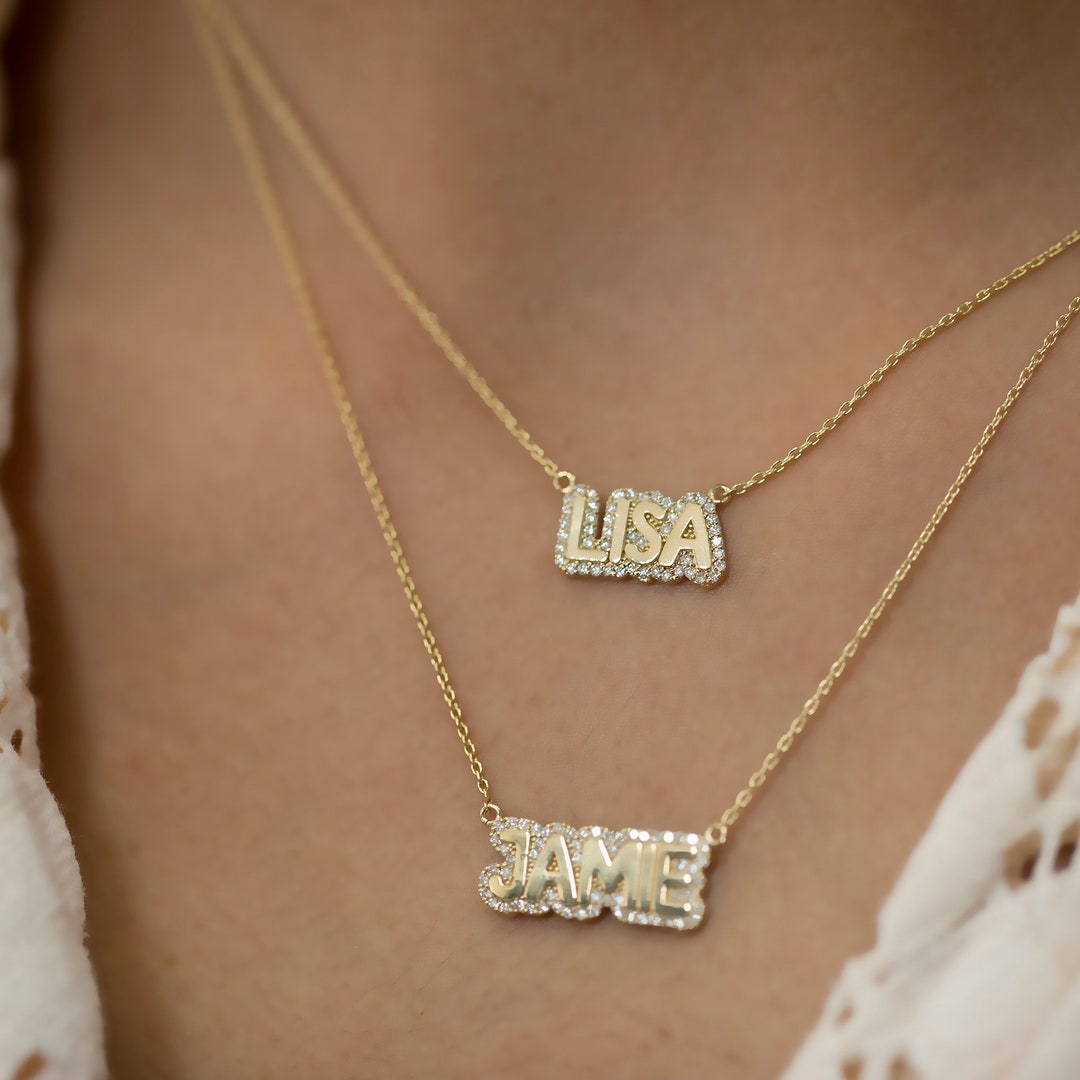 14K Solid Gold Diamond Name Necklace/ Bubble Name Necklace/ Name ...