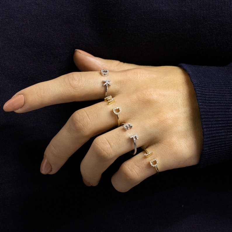 14K Gold Diamond Personalized Initial Cuff Ring / Gold Diamond - Etsy