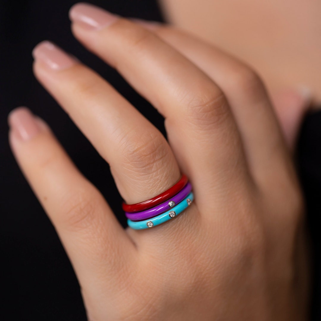 14K Solid Gold Color Enamel Rings/ Colourful Enamel Gold Diamond Rings ...