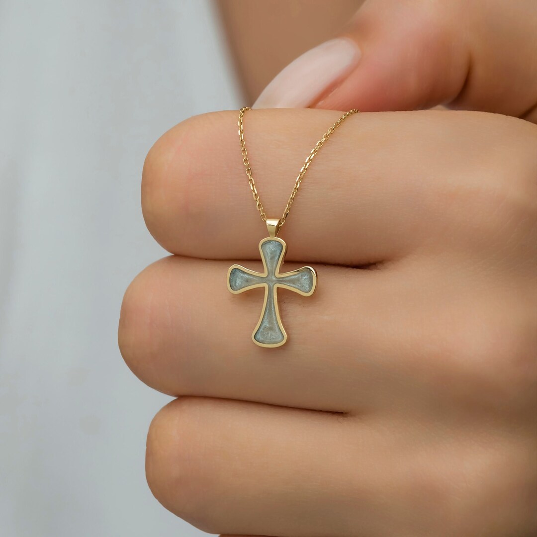 14K Gold Enamel Cross Woman Necklaces/ Solid Gold Beige Enamel Cross ...