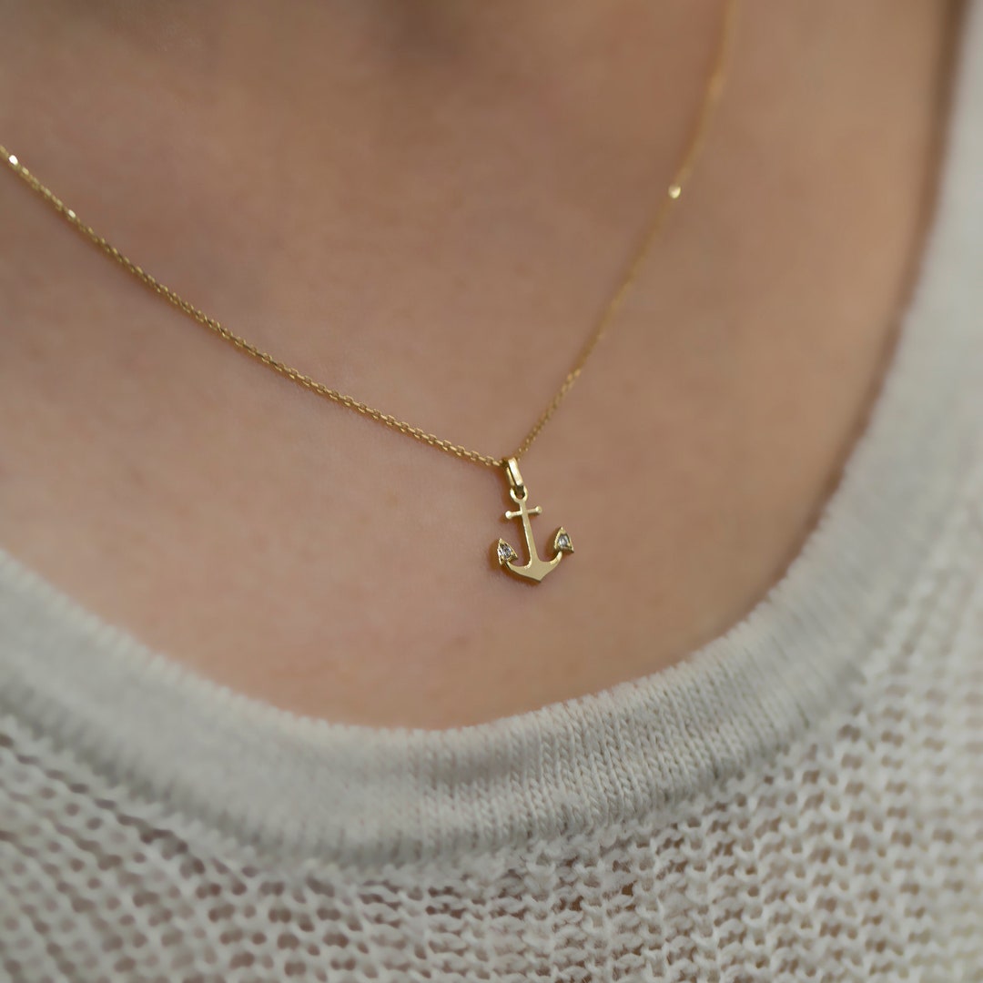 14K Gold Diamond Anchor Necklace for Woman/ Minimalist Gold Anchor ...