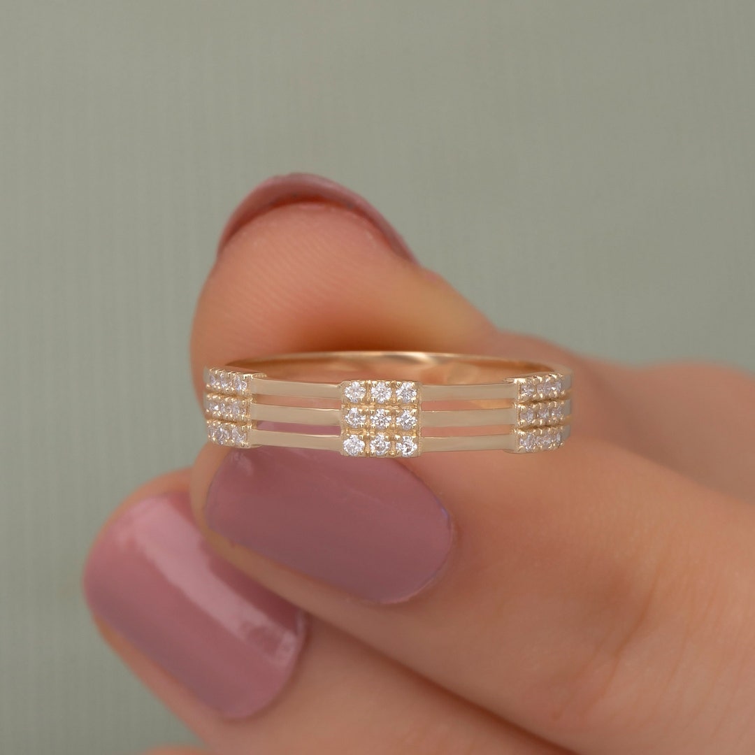 14K Solid Gold Diamond Triple Band Ring for Woman/ Diamond Gold Dainty ...
