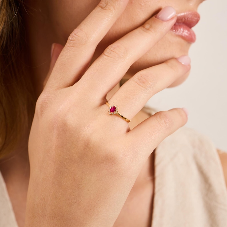 14K Gold Pear Drop Ruby Ring With Diamond Halo - Vintage Style - Etsy UK