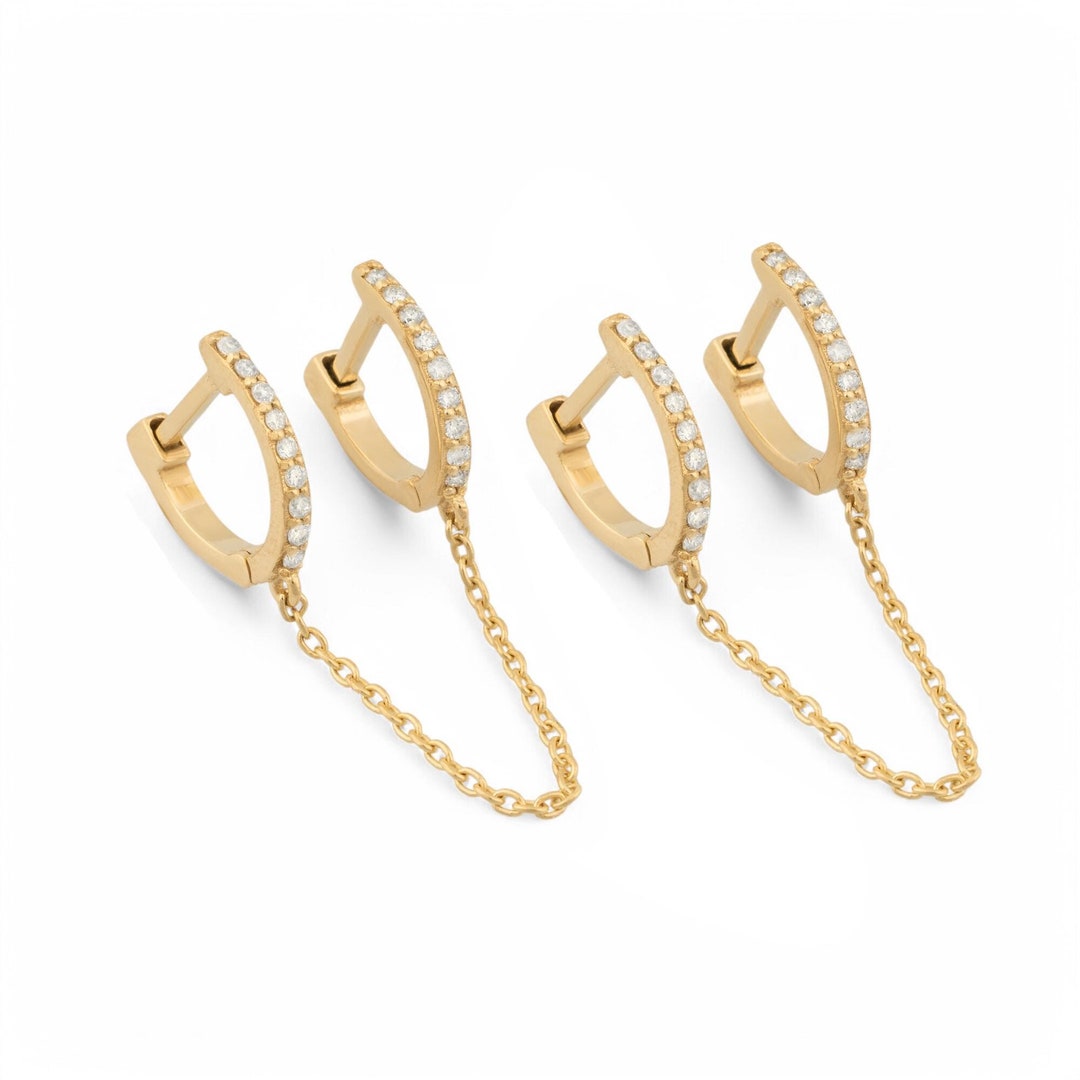 14K Solid Gold Diamond Chain Link Hoop Earrings: Dainty Double Hoops - Etsy