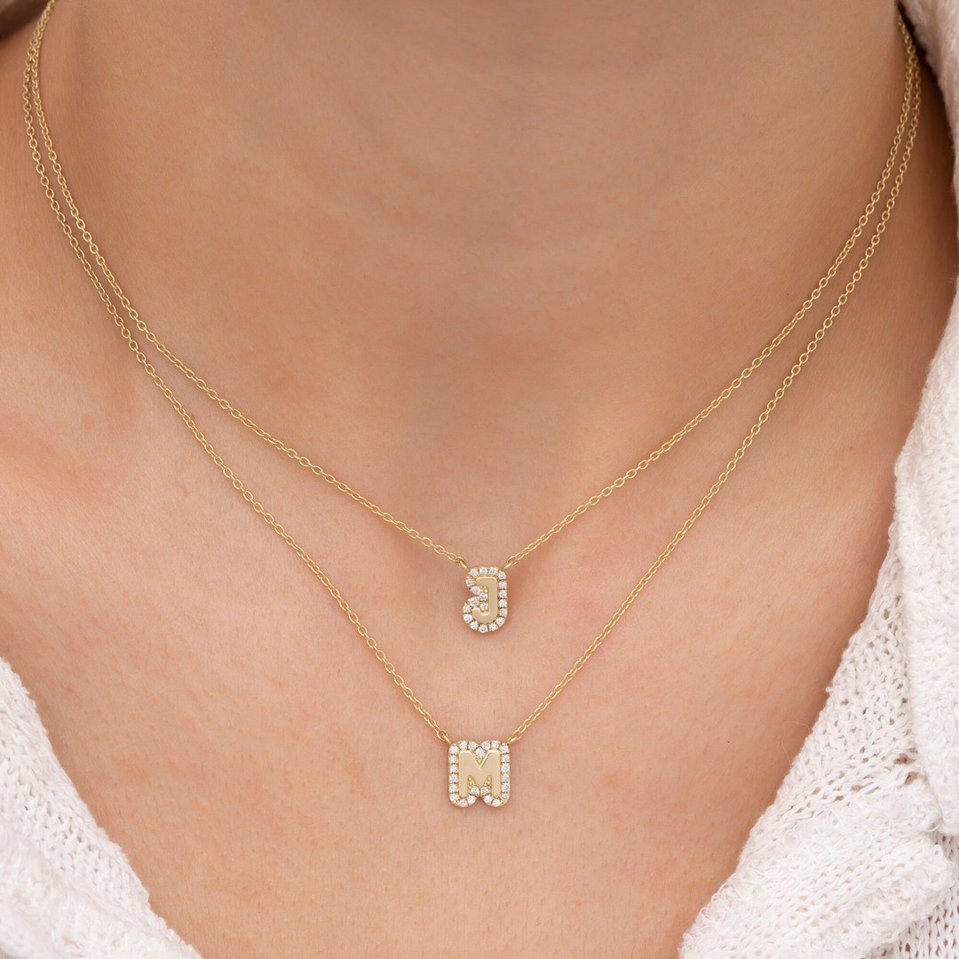 14K Solid Gold Diamond Initial Necklace: Personalized Letter Pendant - Etsy