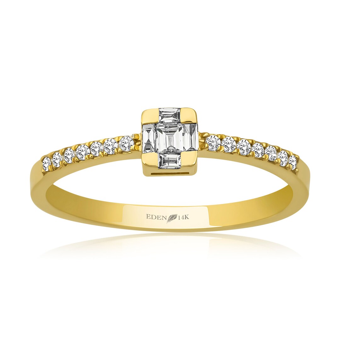 14K Gold Baguet Diamond Square Frame Ring/ 14K Gold Round Diamond Rings ...