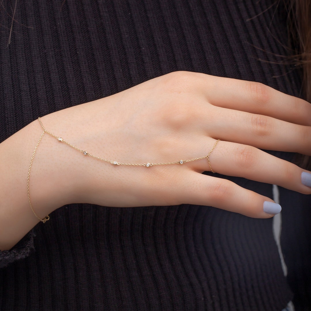 14K Gold Diamond Hand Chain Bracelet: Elegant Finger Jewelry - Etsy
