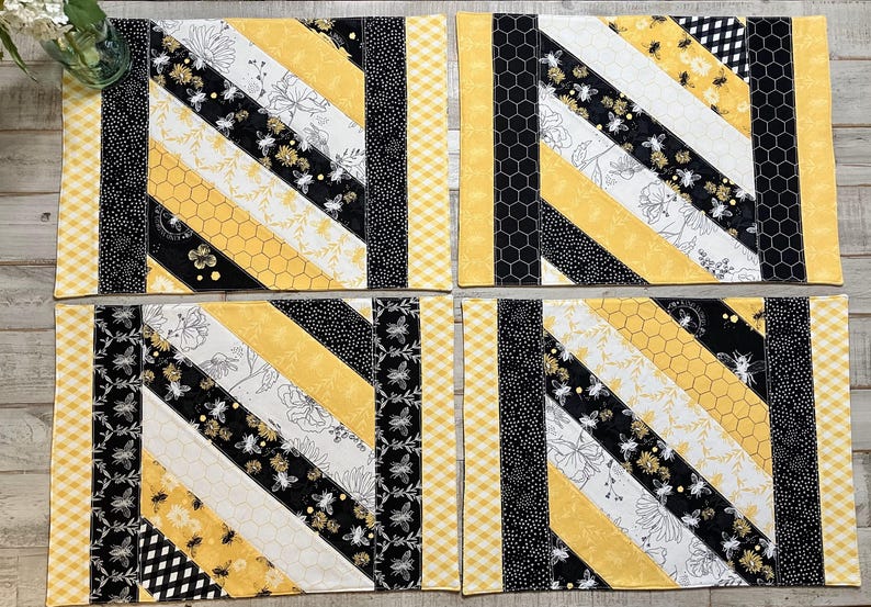Place Mats, Set of 4, Bee Themed, Bee Hive, Black, Yellow, Handmade ...