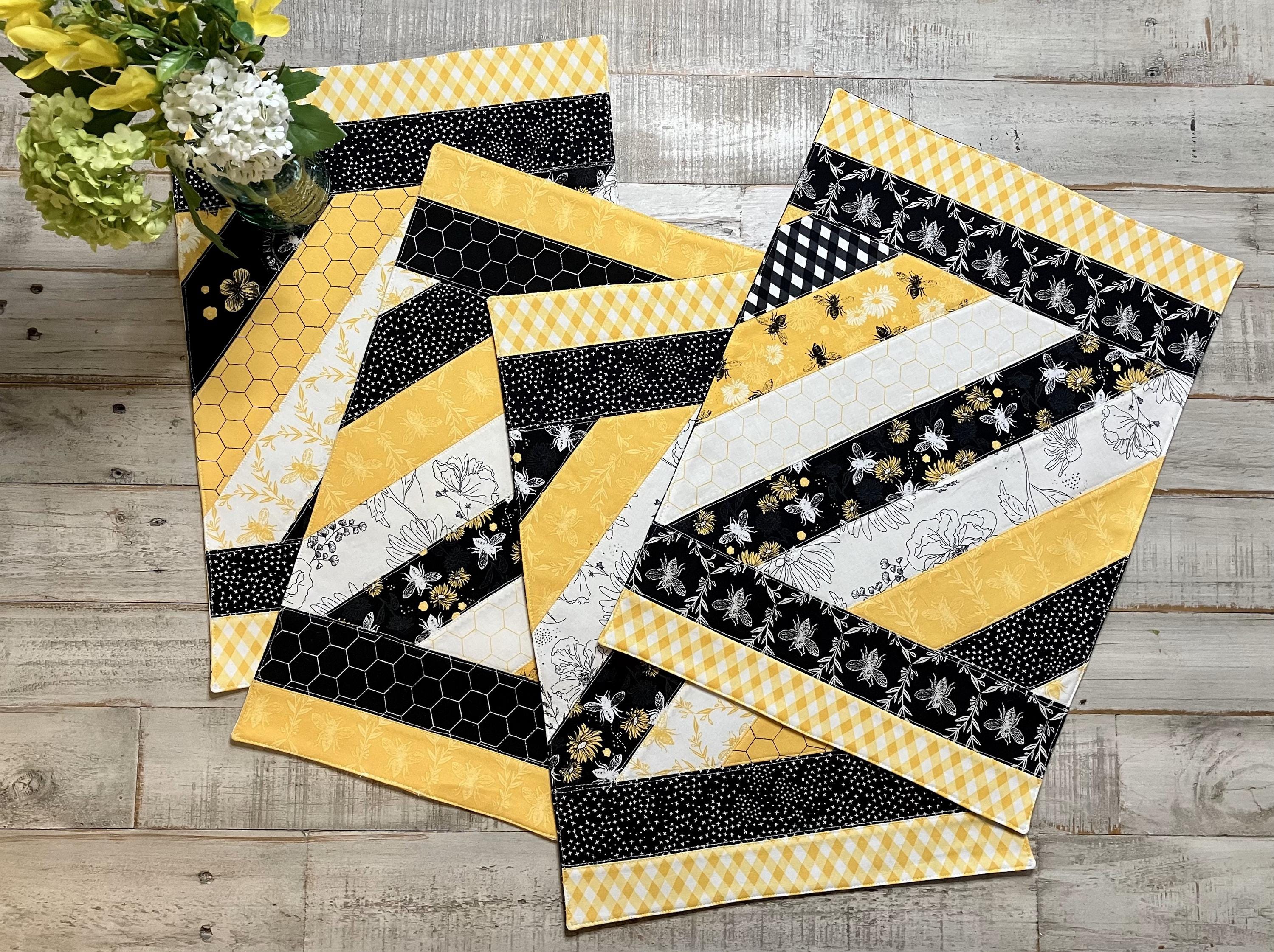 Place Mats, Set of 4, Bee Themed, Bee Hive, Black, Yellow, Handmade ...