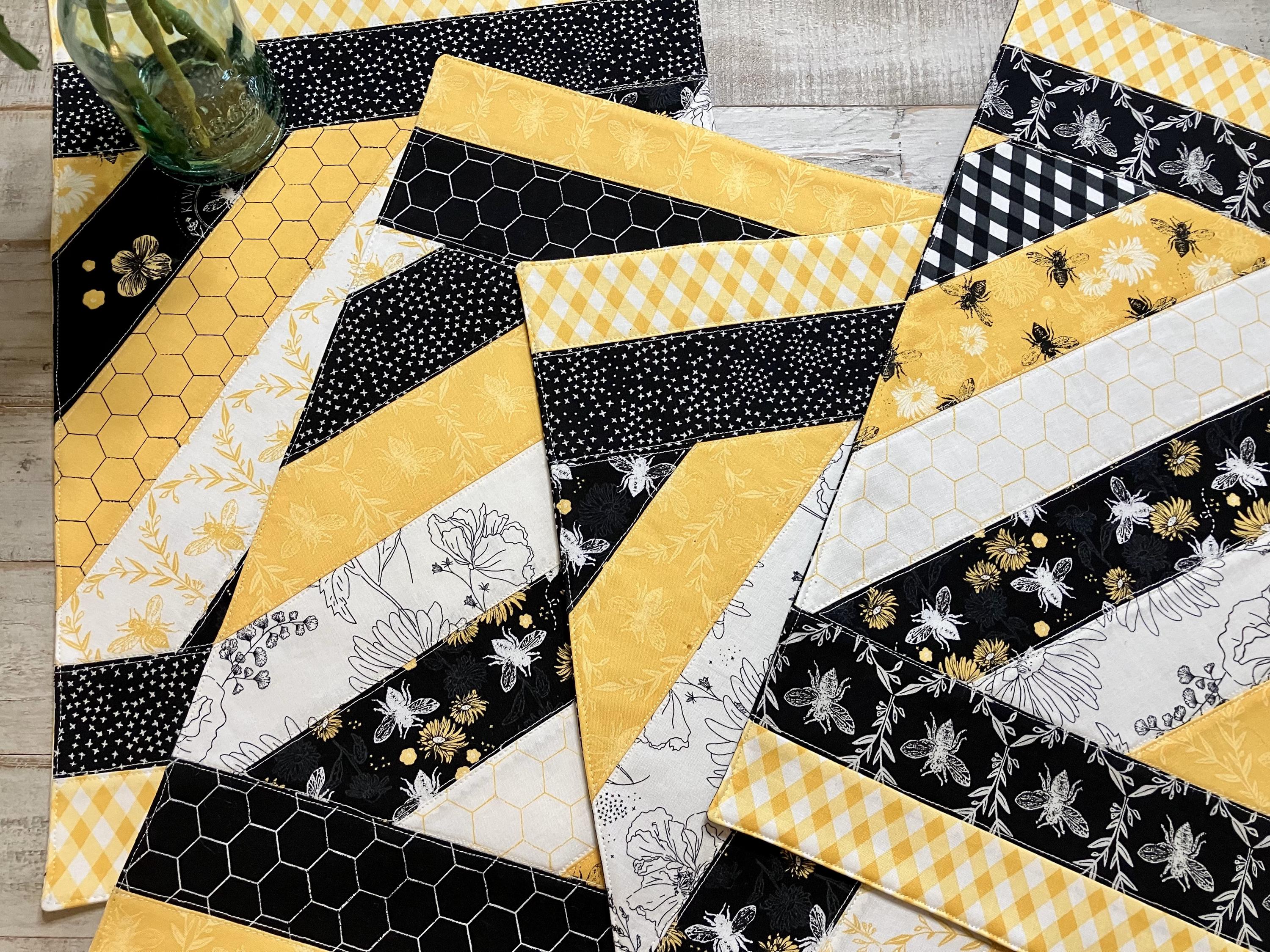 Place Mats, Set of 4, Bee Themed, Bee Hive, Black, Yellow, Handmade ...